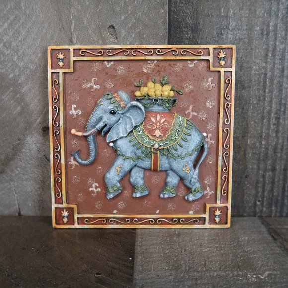 Accents | Elephant Tile Wall Plaque Resin Detailed 5 Inch Square Decor ...